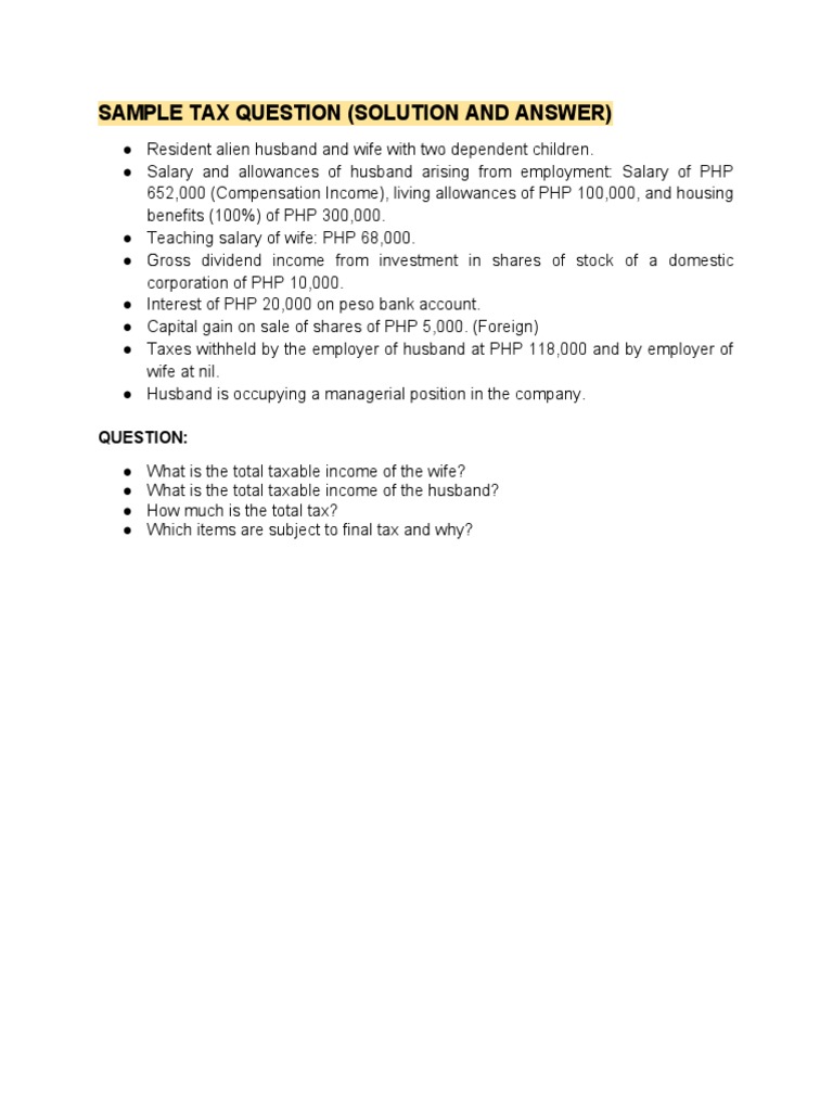 Sample Tax Question (Solution and Answer) | PDF | Tax Deduction | Expense