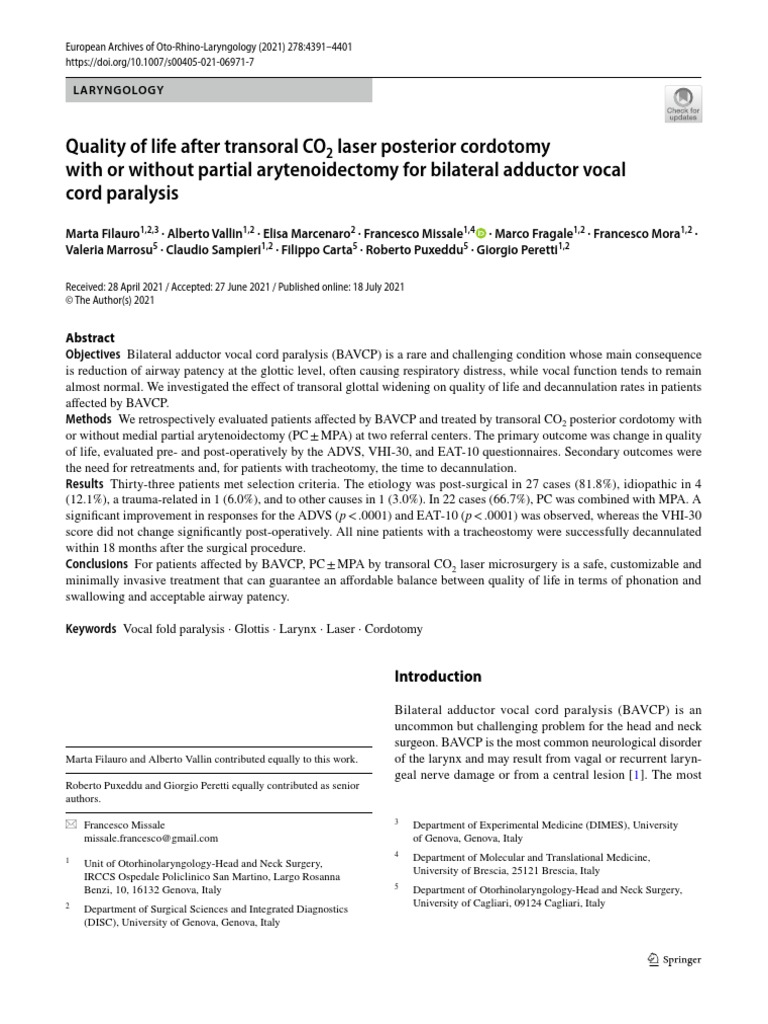 Quality of Life After Transoral CO2 Laser Posterior Cordotomy With or ...