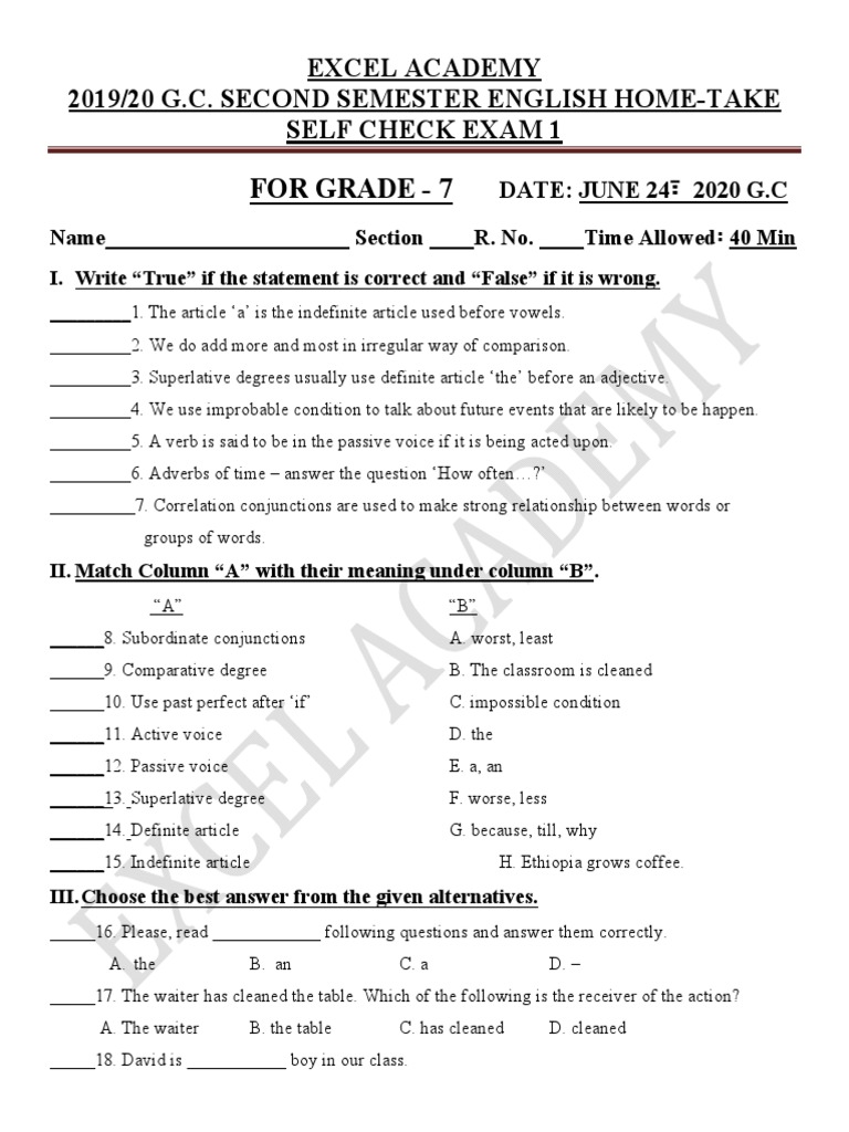Analysis of an English Self-Check Exam for Grade 7 Students | PDF ...