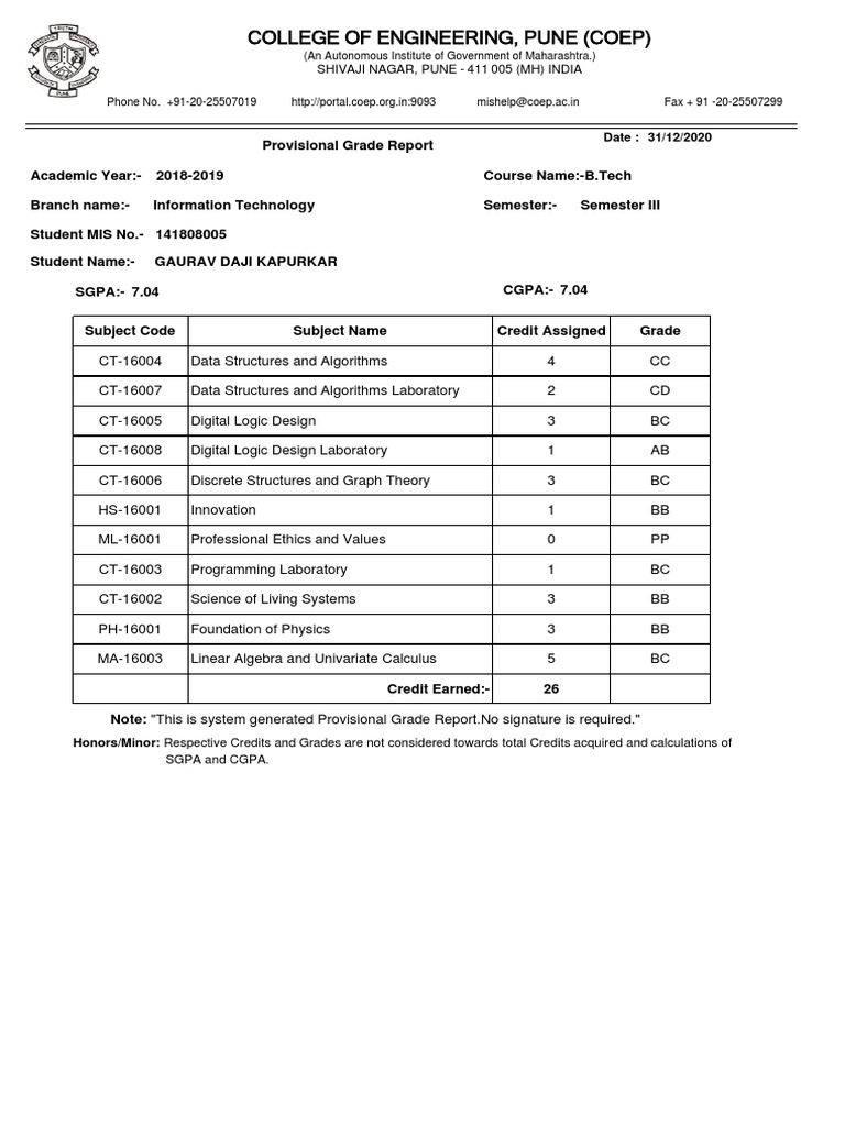 B.Tech Provisional Grade Report | PDF | Information Technology ...