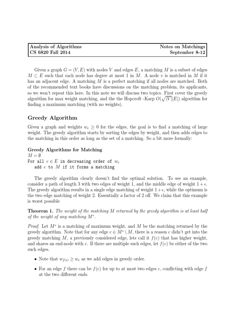Analysis of algorithms for maximum matching problems, including greedy ... Analysis of algorithms for maximum matching problems, including greedy ...