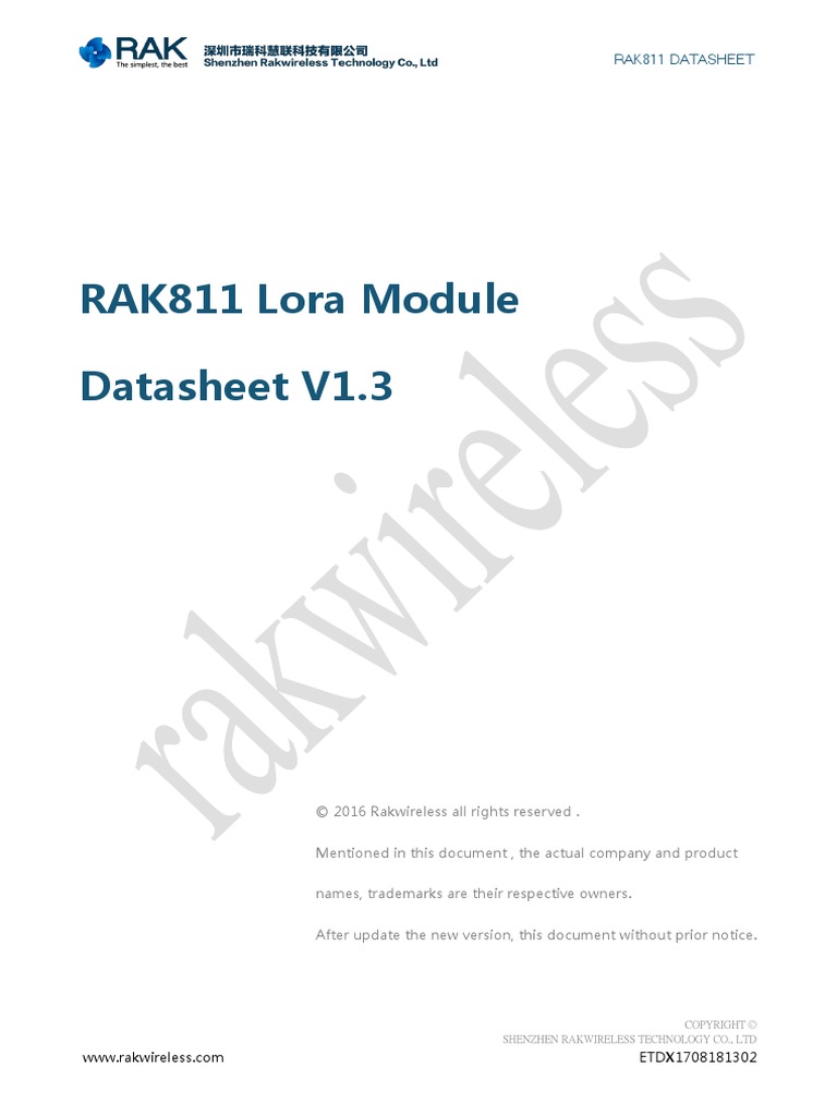 RAK811 Lora Module Datasheet V1.3 | PDF | Specification (Technical ...