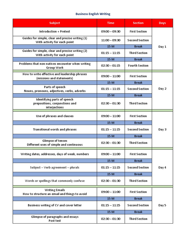 Days Section Time Subject: Business English Writing | PDF | Part Of ...