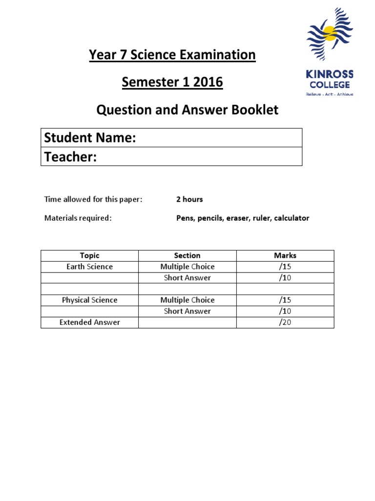 Year 7 SCIENCE Multi Choice. Sem 1 2016 | PDF | Force | Planets