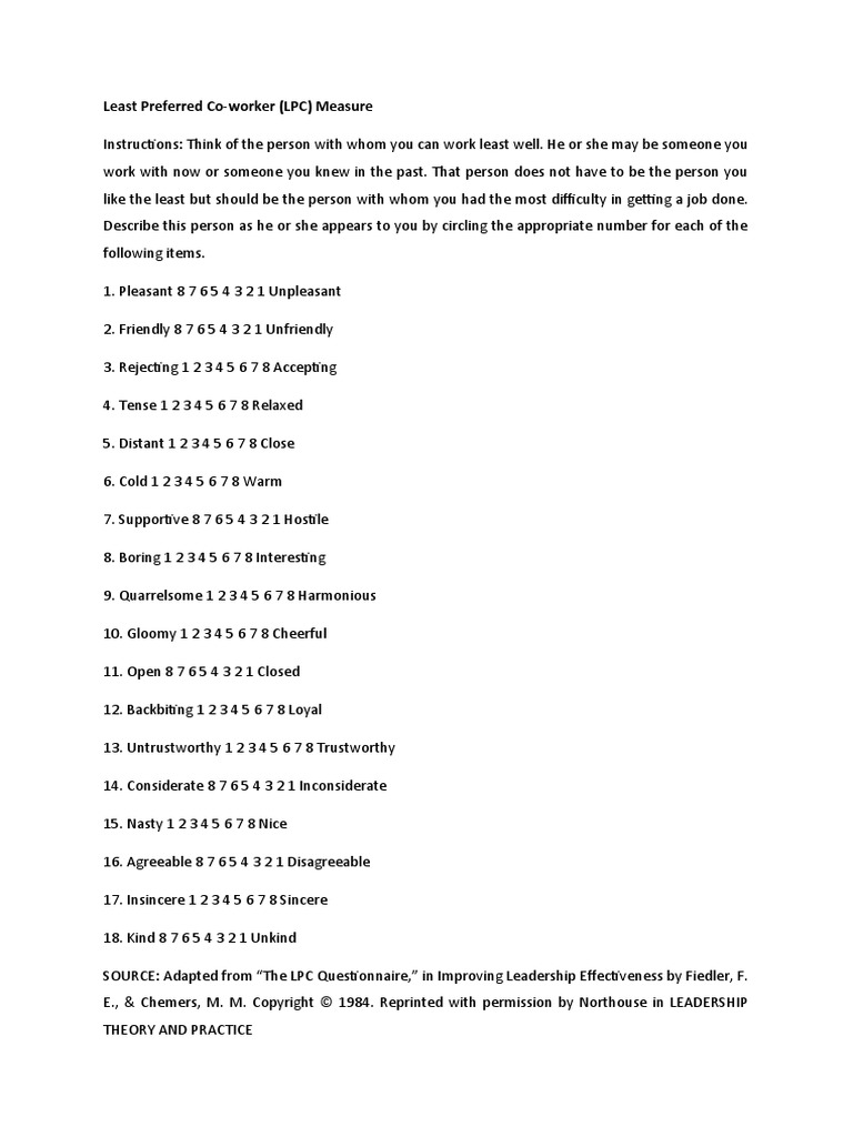 Least Preferred Coworker (LPC) Scale | PDF