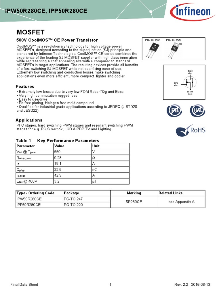 Infineon IPW50R280CE DS v02 - 02 EN | PDF | Diode | Capacitance