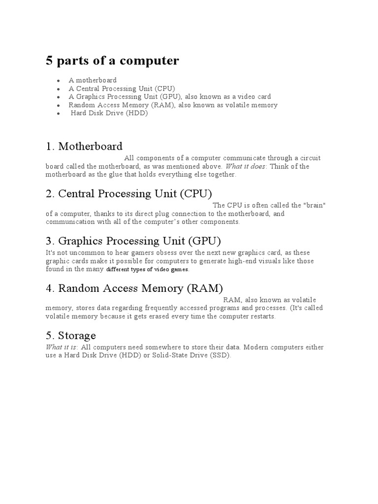 Five Essential Computer Parts | PDF | Games & Activities | Technology ...