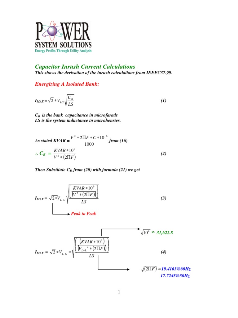 Capacitor Inrush Current Calculation | PDF | Energy Storage | Quantity