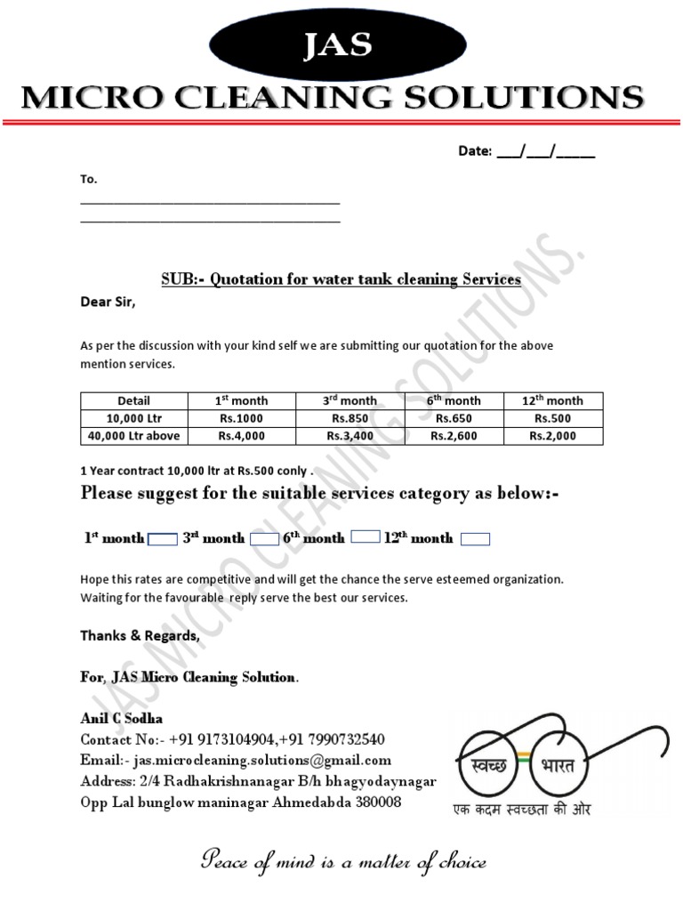 Water Tank Cleaning Quotation Format | PDF | Business | Finance & Money ...