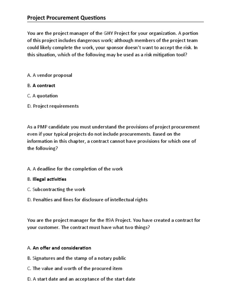 25 Project Procurement Management PMP Certification Questions | PDF ...