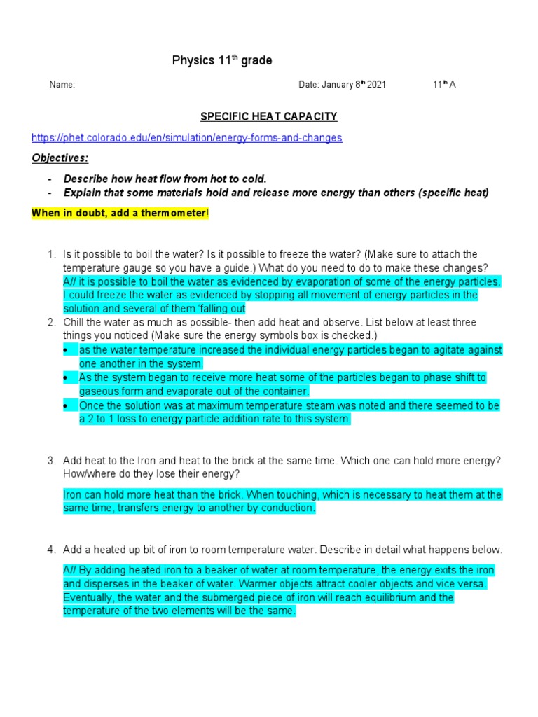 Specific Heat Capacity | PDF | Heat | Temperature