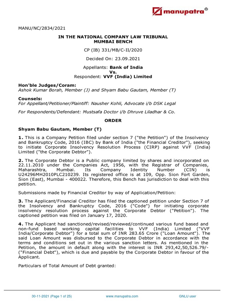 Bank - of - India - Vs - VVF - India - Limited - Defective Filing | PDF | Bankruptcy | Guarantee