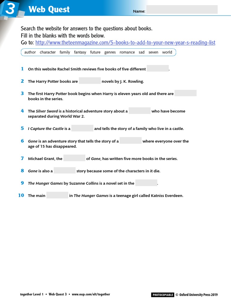 Search The Website For Answers To The Questions About Books. Fill in ...