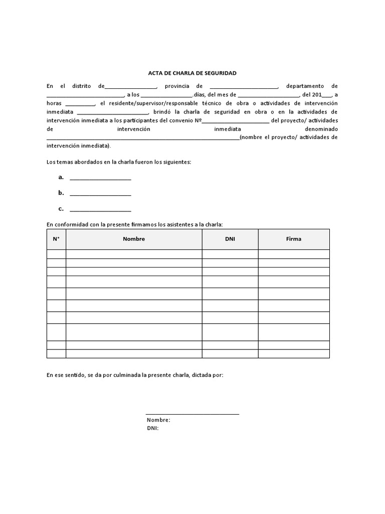 Formatos Del Acta de Charla de Seguridad | PDF