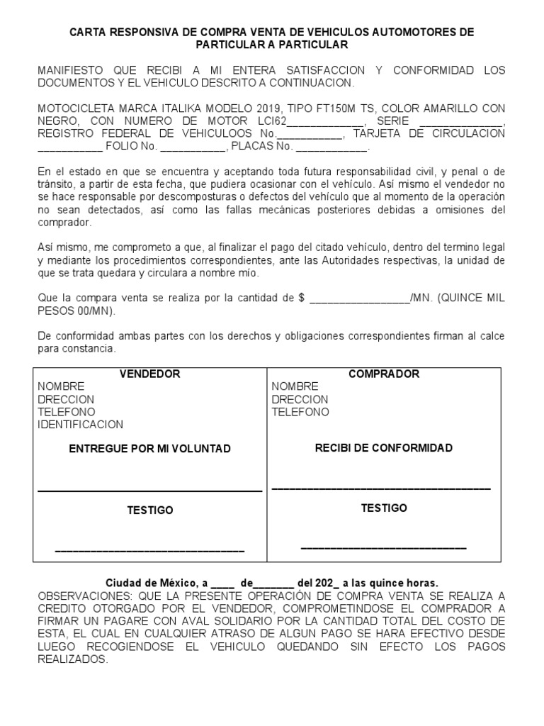 Carta de Compra Venta Moto Italika (WORD EDITABLE) | PDF