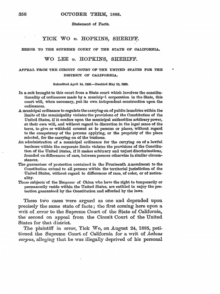 Yick Wo v. Hopkins, 118 U.S. 356 (1886) . | PDF | Fourteenth Amendment ...