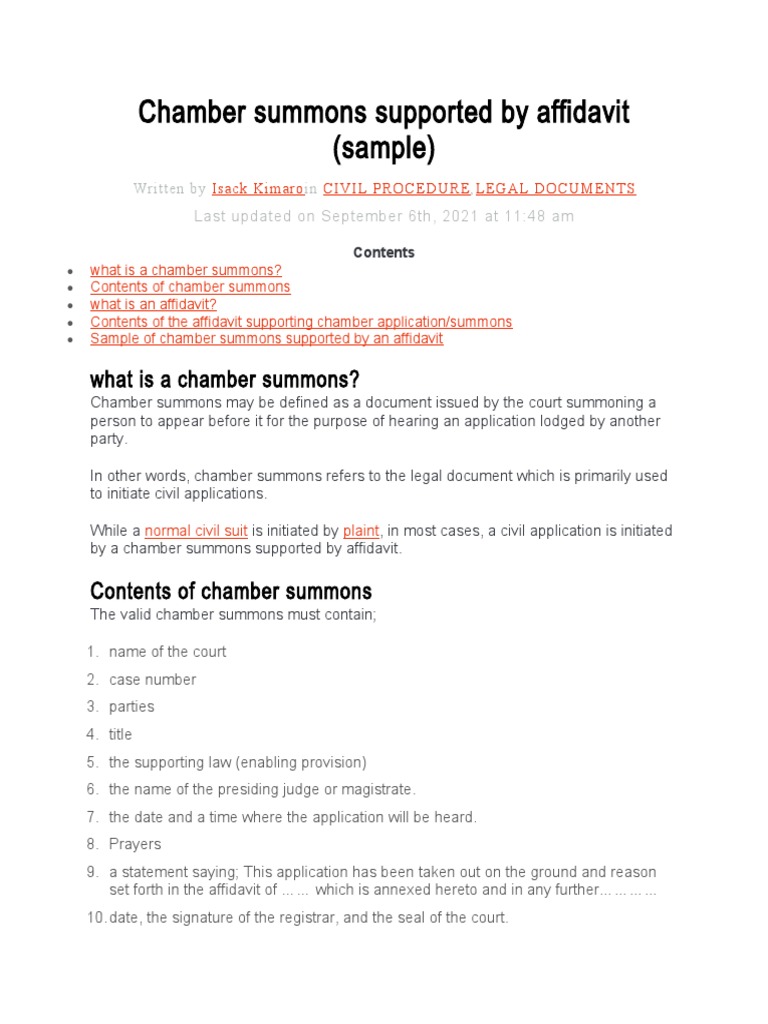 Chamber Summons Supported by Affidavit | PDF | Affidavit | Summons