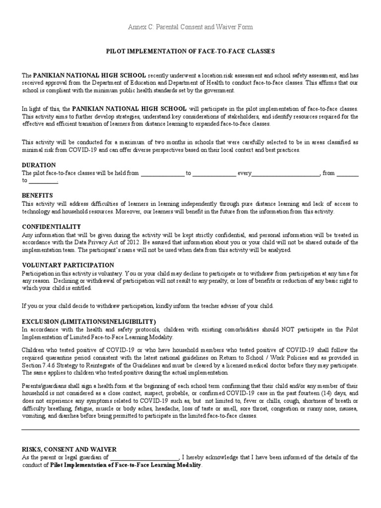 Parental consent form for limited face-to-face classes | PDF | Diseases ...
