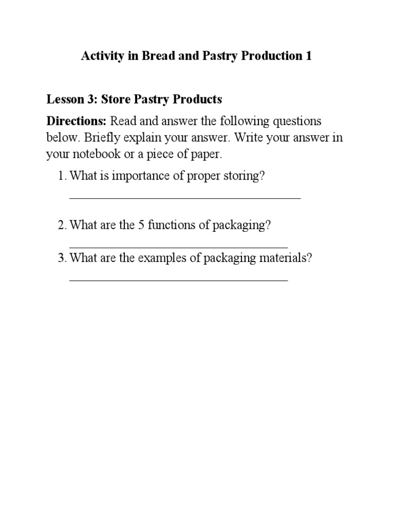 Activity in Bread and Pastry Production 1 Lesson 3: Store Pastry ...