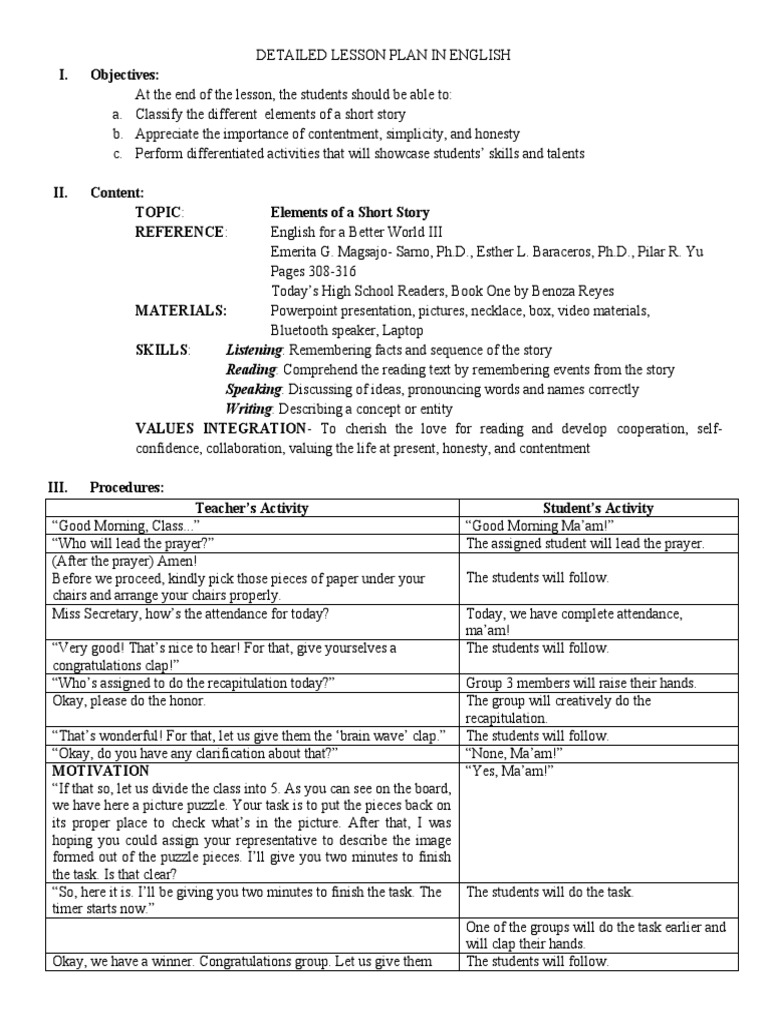 Detailed Lesson Plan in English Elements of A Short Story | PDF | Plot (Narrative)