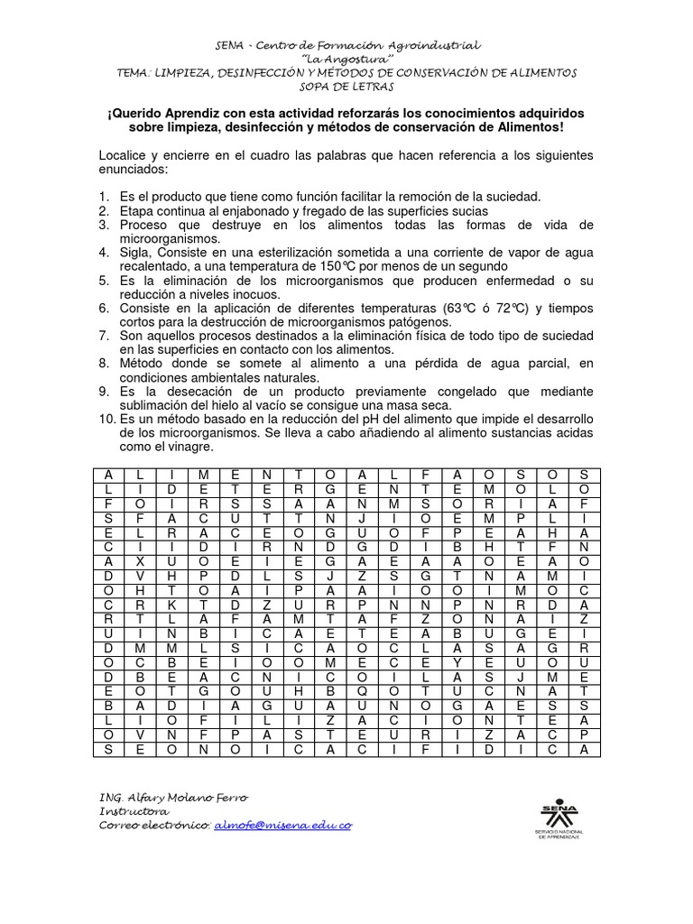SOPA DE LETRAS Métodos de Conservación y Limpieza. | PDF | Conservación ...
