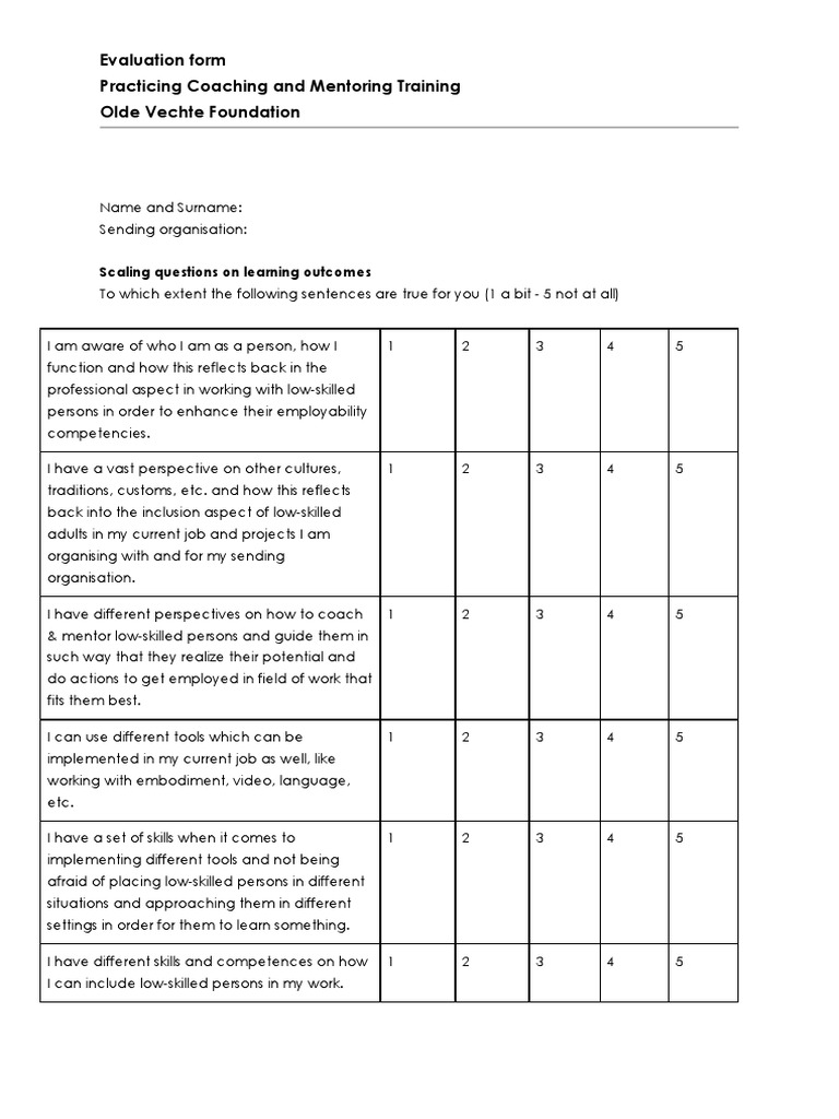 Evaluation Form Practicing Coaching and Mentoring Training Olde Vechte ...