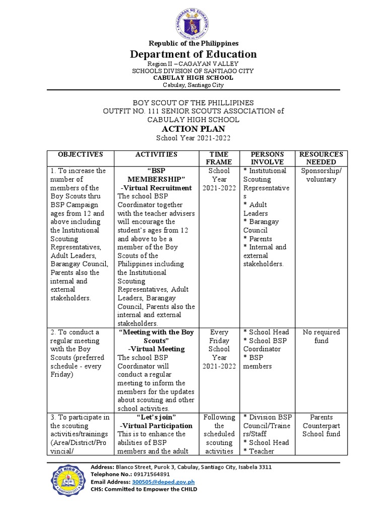Cabulay High School Boy Scouts Action Plan | PDF | Scouting