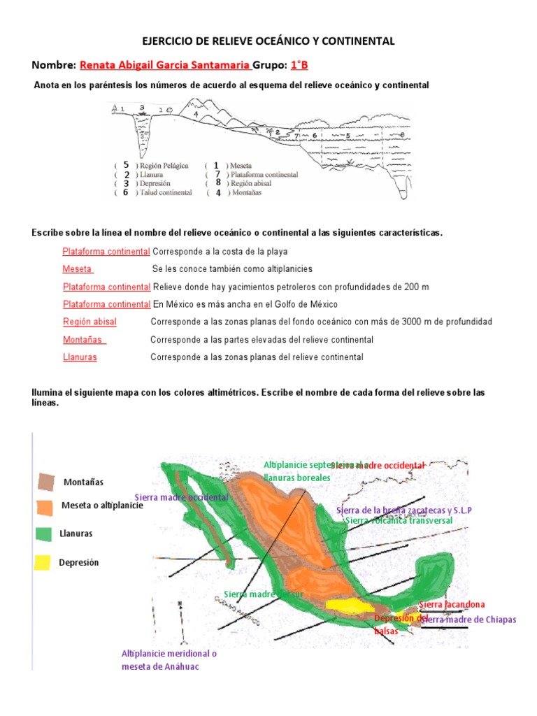 Ejercicio de Relieve Oceánico y Continental y Mapa de México | PDF ...
