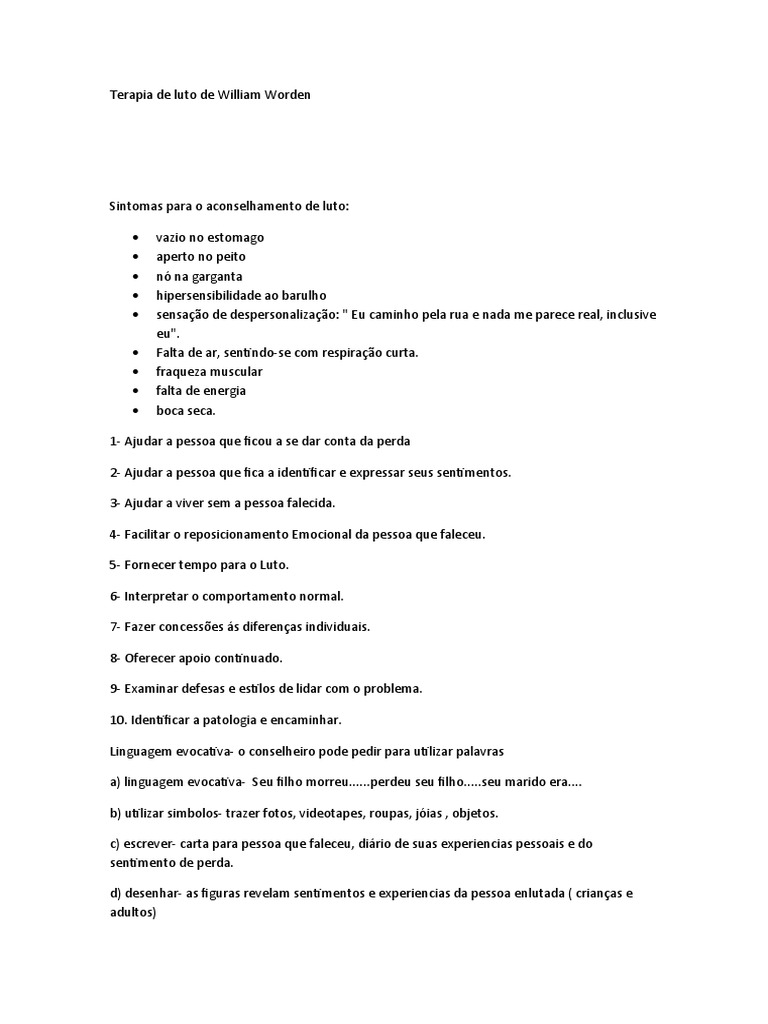 Terapia de Luto de William Worden | PDF | Depressão | Psicologia