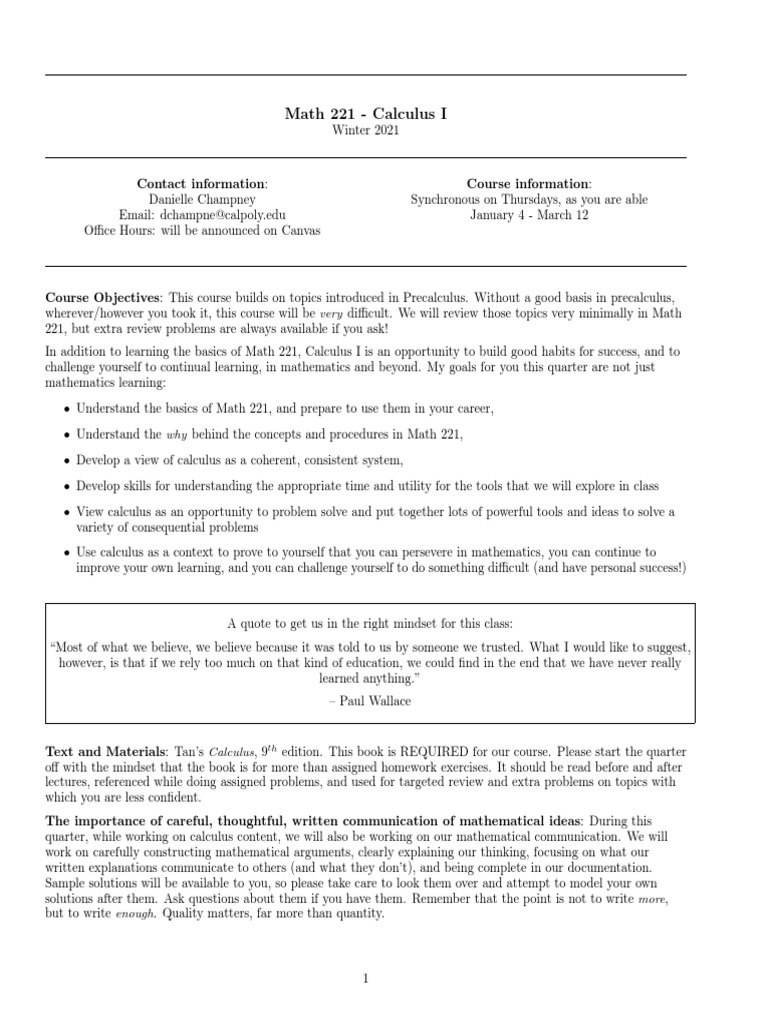 Math 221 - Calculus I | Download Free PDF | Mathematics | Learning