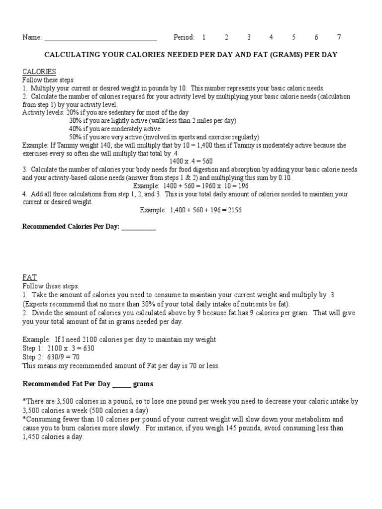 Calorie Fat Worksheet | PDF | Calorie | Fat