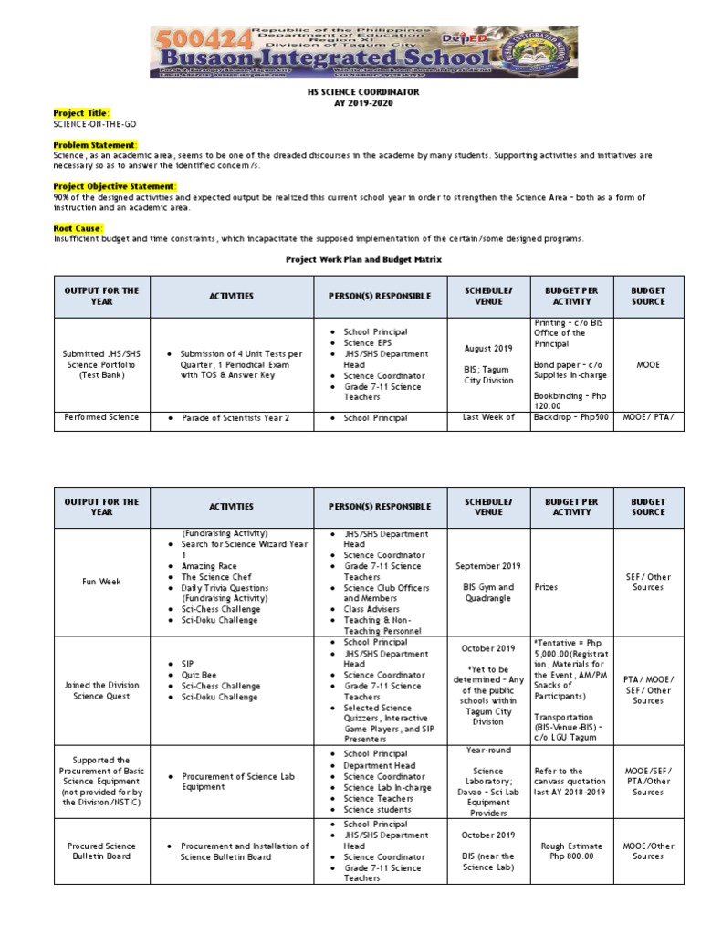 Project Work Plan and Budget - SCIENCE COORDINATOR | PDF | Science