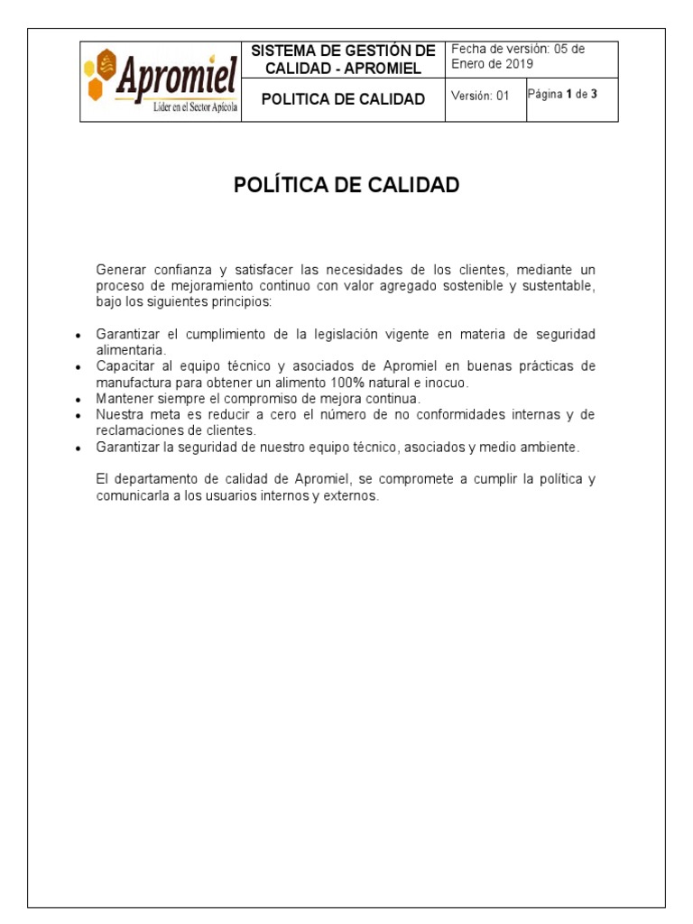 POLÍTICA DE CALIDAD, MISIÓN, VISIÓN | PDF | Calidad (comercial ...