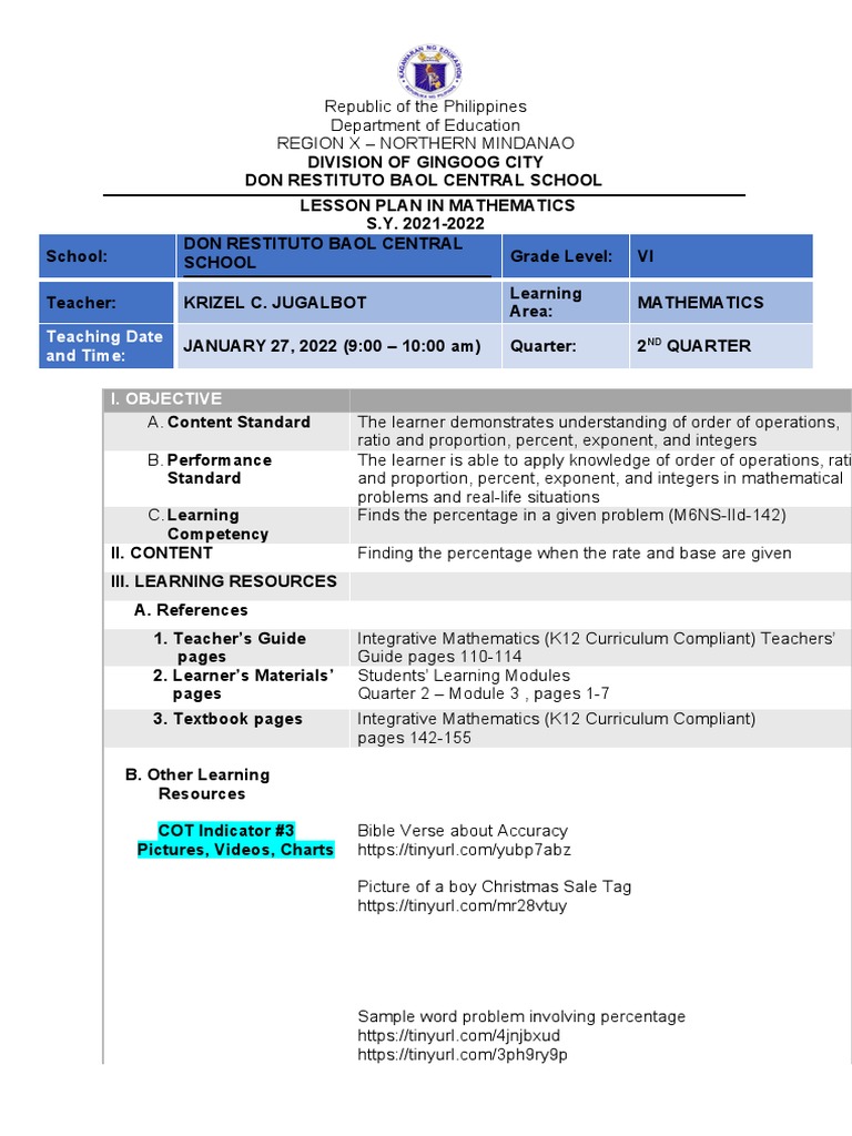 DEMO - COT 1 LESSON PLAN - MATH GRADE 6 - 2nd Grading | PDF | Percentage | Teachers