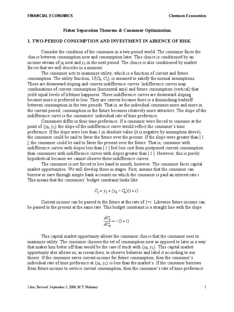 Fisher Separation Theorem & Consumer Optimization 1. Two-Period ...