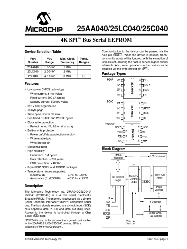 25AA040/25LC040/25C040: 4K Spi Bus Serial EEPROM | PDF | Microcontroller | Computer Data