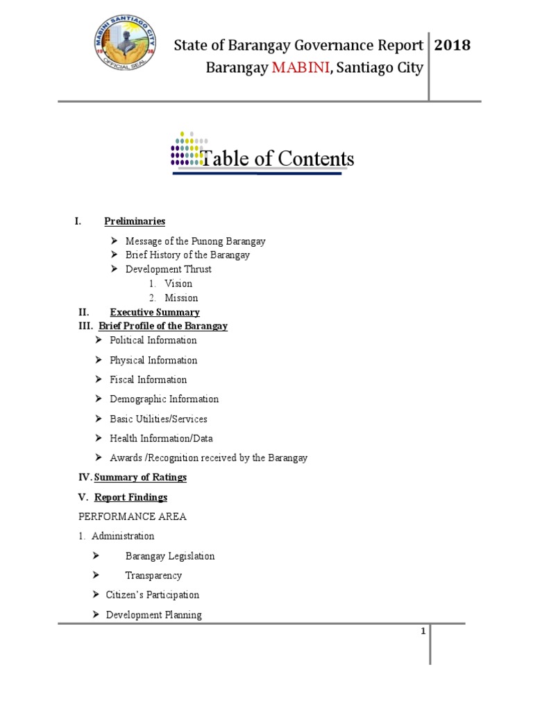 State of Barangay Governance Report Barangay, Santiago City | PDF ...