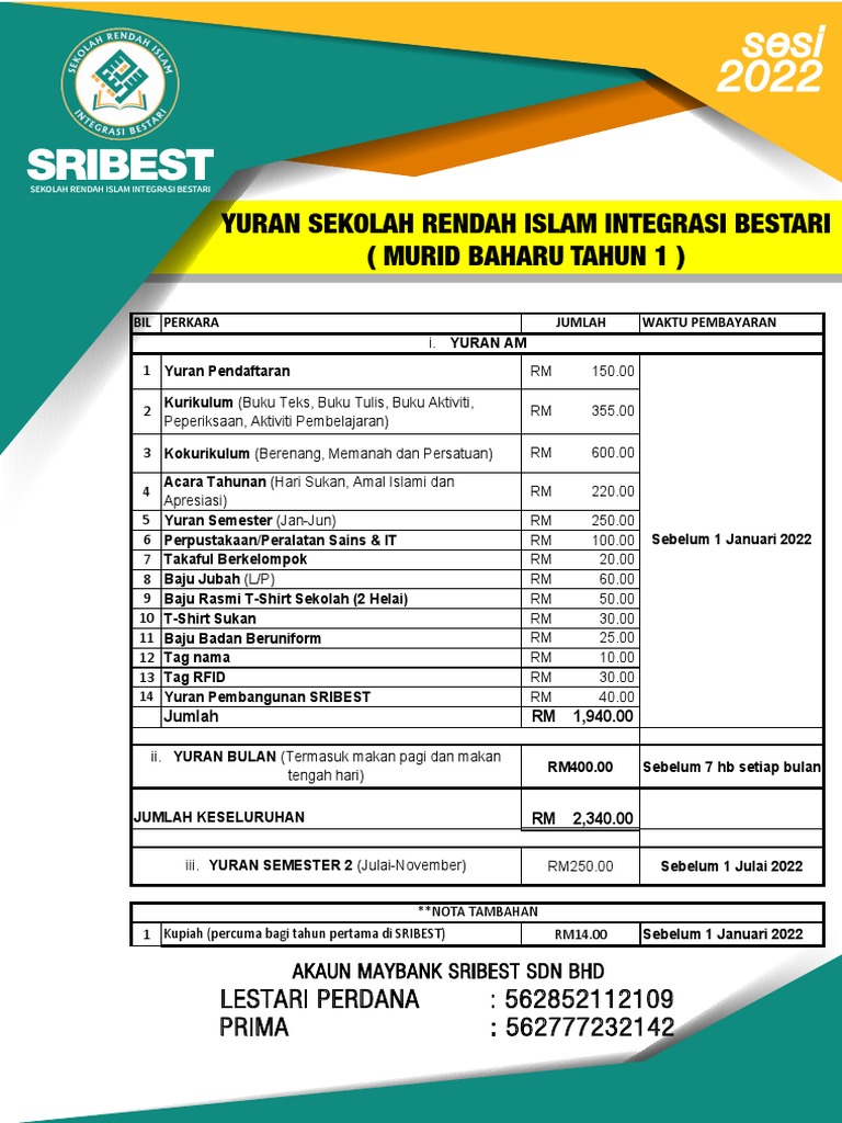V1-Yuran Tahun 1 Sribest 2022 | PDF