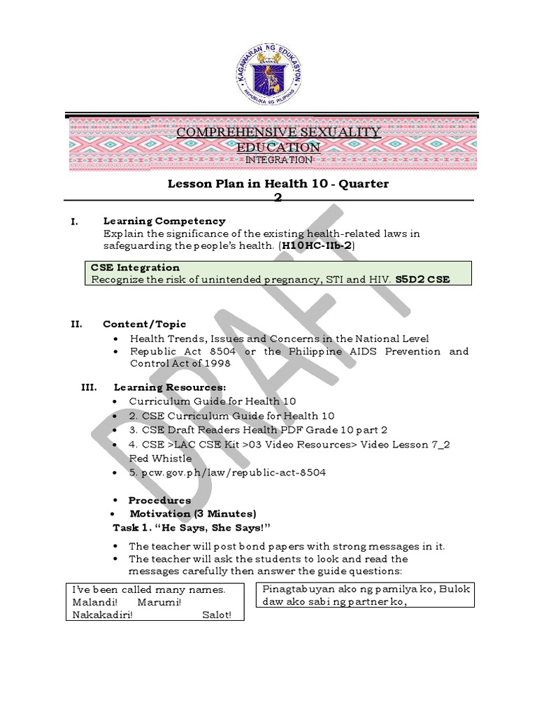Comprehensive Sexuality Education: Lesson Plan in Health 10 - Quarter 2 ...
