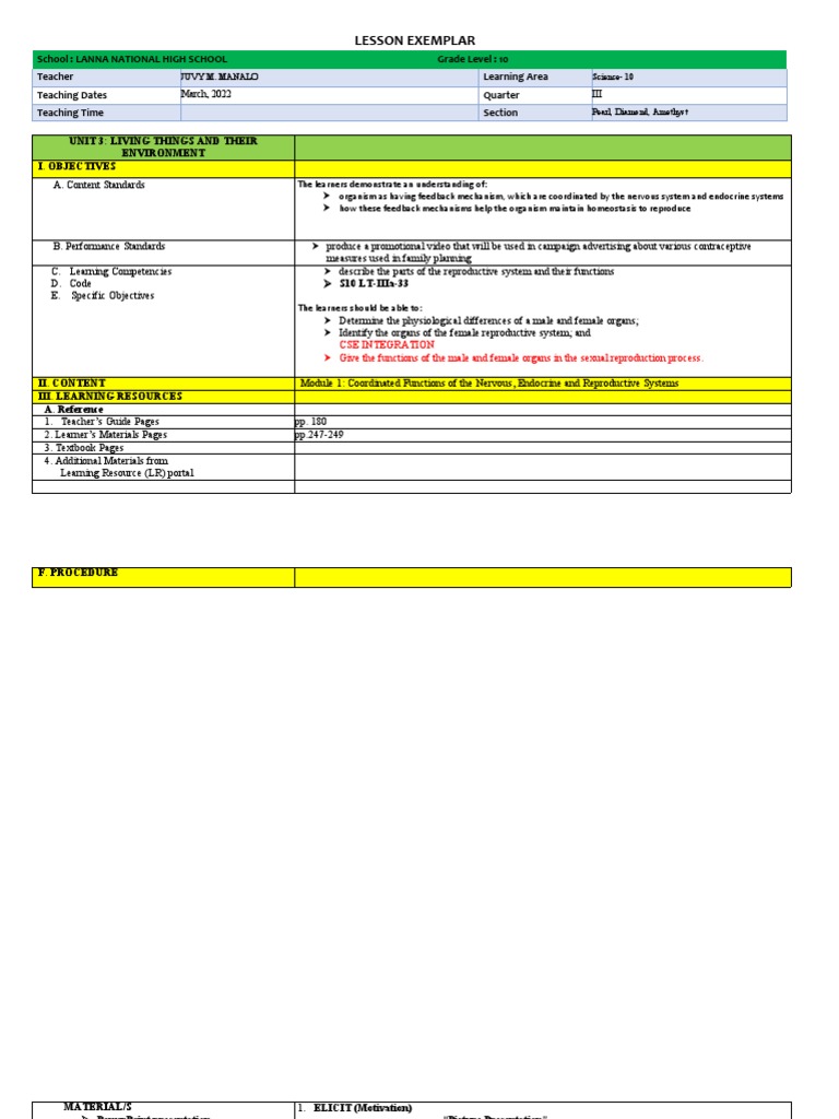 Reproductive System Teaching Plan for Grade 10 | PDF | Anatomy ...