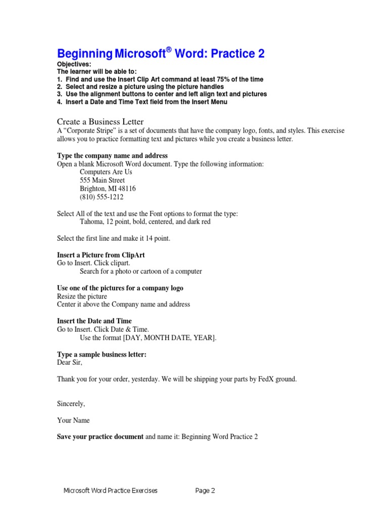 Microsoft Word Practice Exercises Guide | PDF