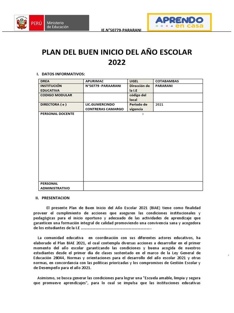 Plan-Buen Inicio Del Año Escolar | PDF | Educación primaria