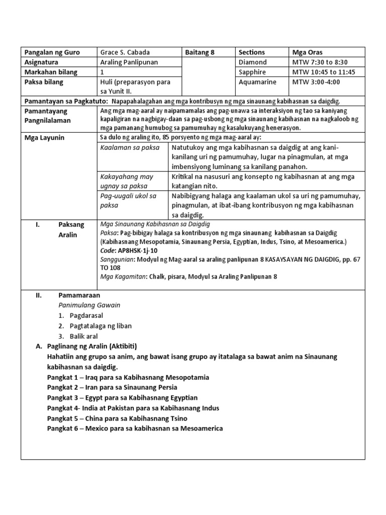 Aral Pan 8 Markahan 1 Lesson Last Sinaunang Kabihasnan Sa Daigdig | PDF