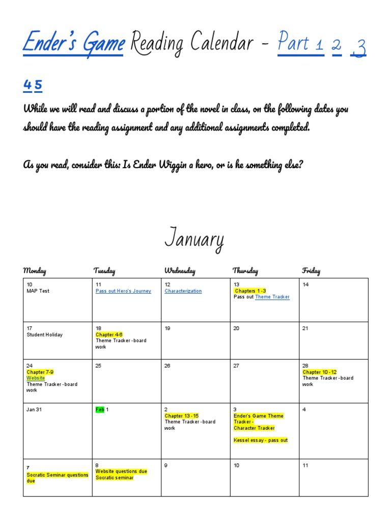 Ender's Game Reading Calendar | PDF