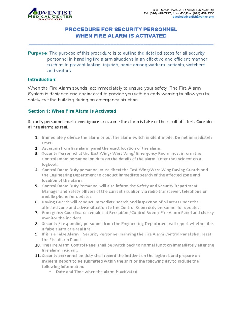 Procedure On What To Do in Case of Fire Alarm For Security Personnel ...