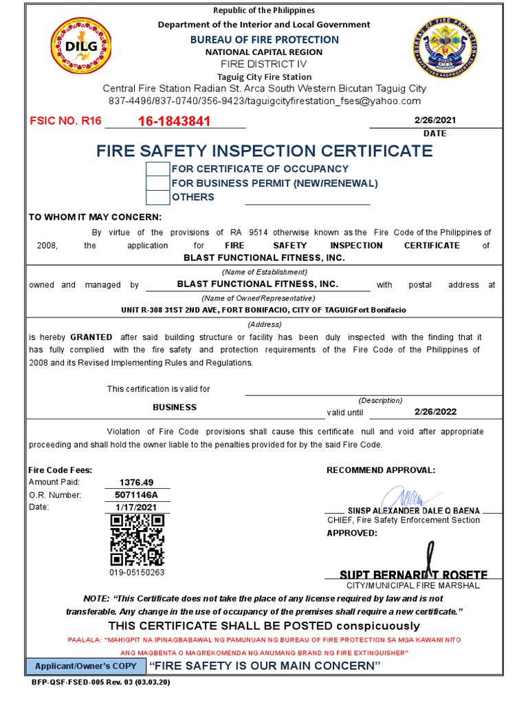 Fire Safety Inspection Certificate: Bureau of Fire Protection | PDF ...