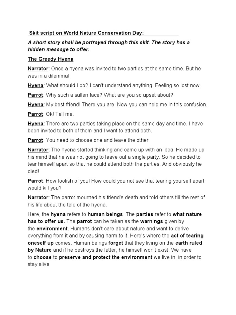 Skit Script On World Nature Conservation Day | PDF