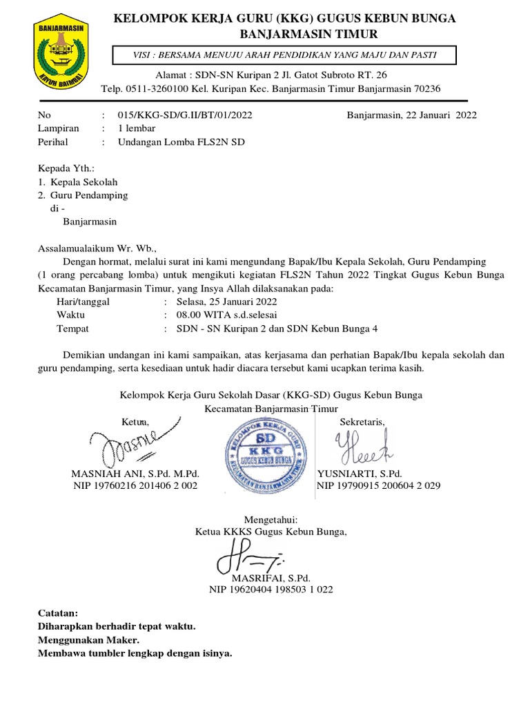 Undangan FLS2N Gugus Kebun Bunga 2022, Kepala Sekolah Dan Guru Damping ...