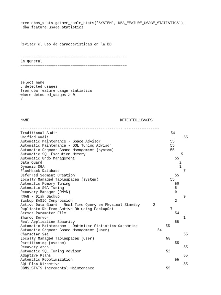Analyzing Database Feature Usage Statistics and Refreshing the DBA_FEATURE_USAGE_STATISTICS View ...