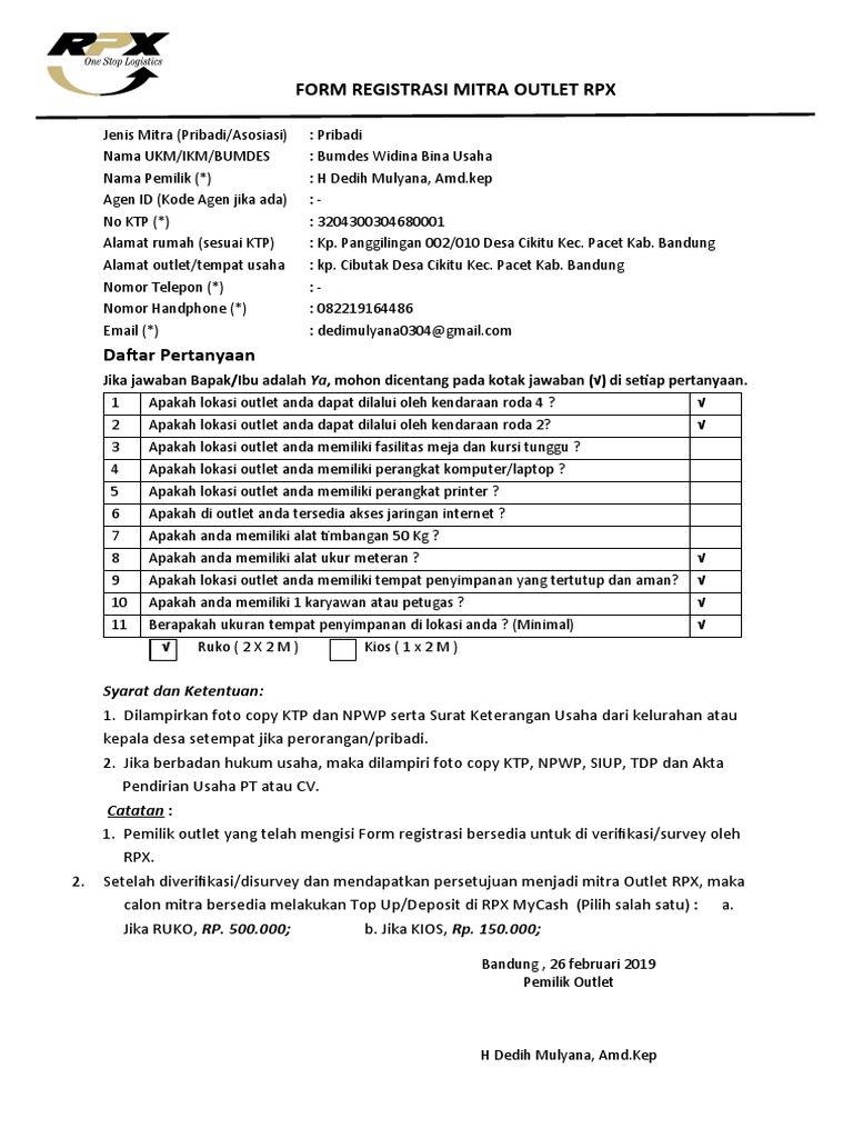 Formulir Mitra Outlet RPX | PDF